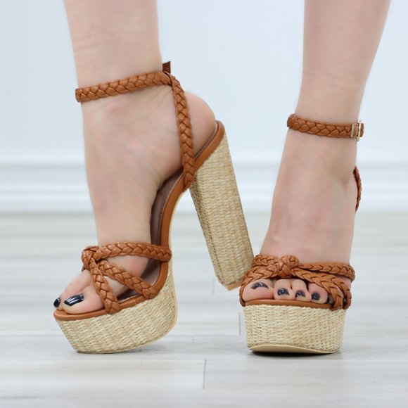 Shoes | Brown Basket Weave Raffia Block High Heel Platforms | Poshmark